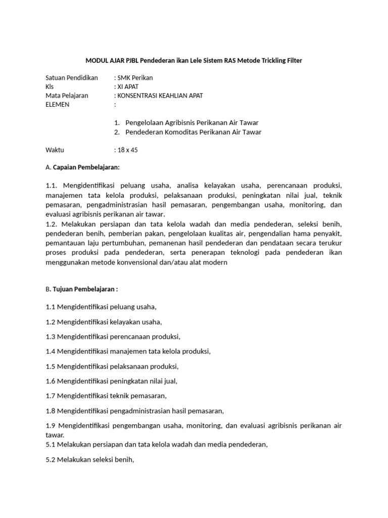 MODUL AJAR PJBL Pendederan Ikan Lele Sistem RAS Metode Trickling Filter ...