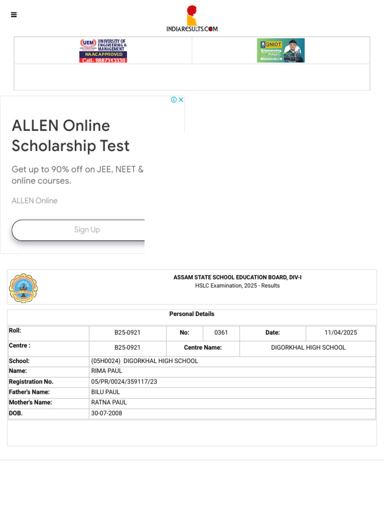 Assam HSLC Examination Results 2025 - Assam State School Education ...