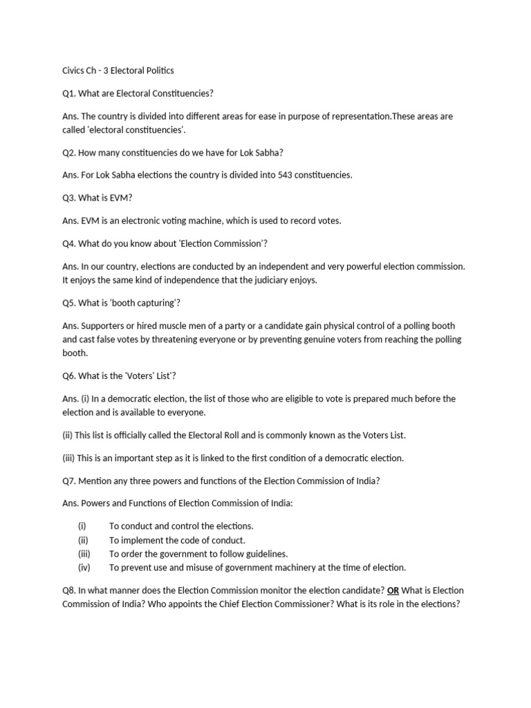 Civics CH - 3 Electoral Politics | PDF | Elections | Suffrage