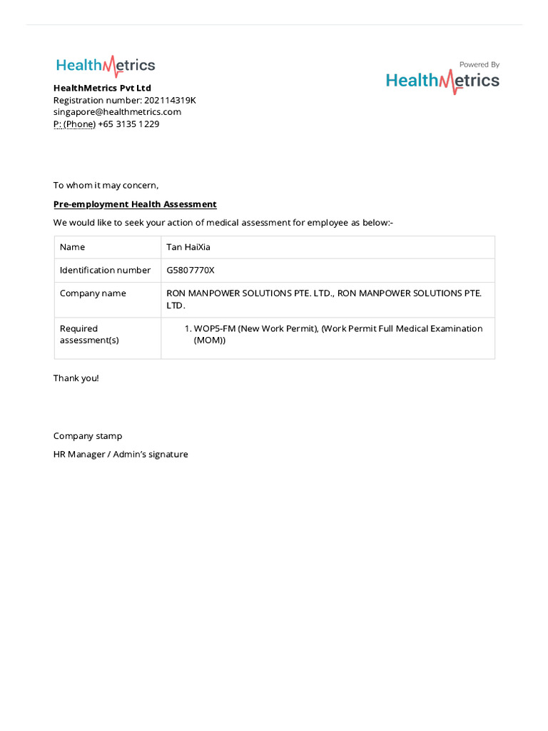 Tan HaiXia (TBP-S01) Pre-Employment Medical Chit | PDF | Occupational ...