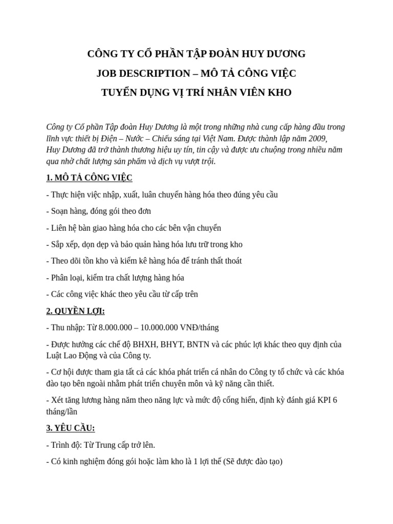 JD - Nhân Viên Kho - HUY DUONG GROUP | PDF