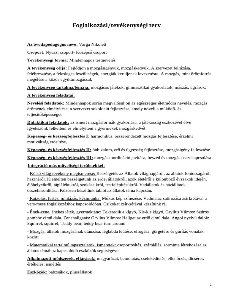 Eredeti Mindennapos Mozgás Foglalkozás Tervezet | PDF