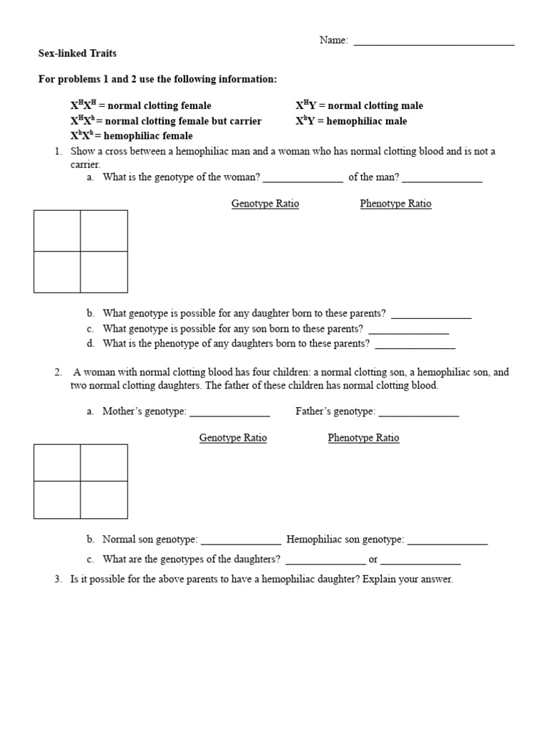 Sex-Linked Trait Practice 2021 | PDF | Genotype | Haemophilia