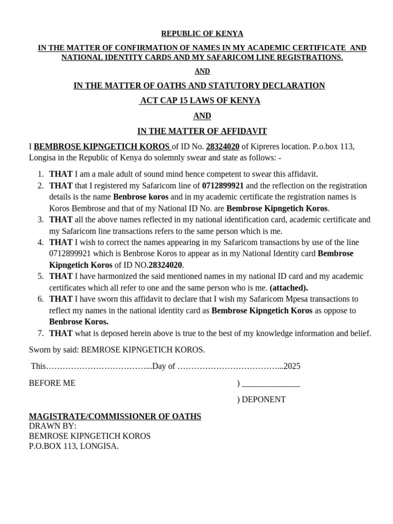 Change of Names Affidavit | PDF