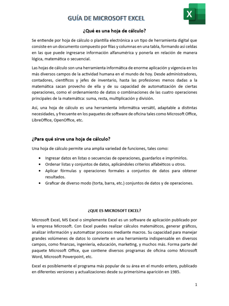 1 Guia de Excel | PDF | Microsoft Excel | Hoja de cálculo