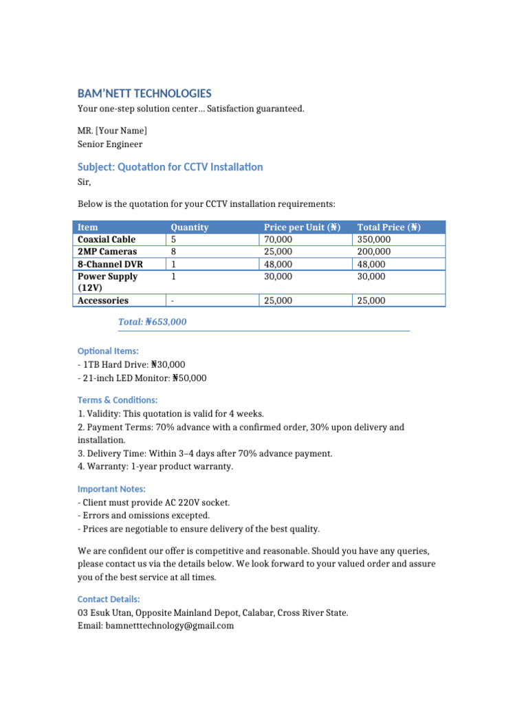 Quotation For CCTV Installation | PDF
