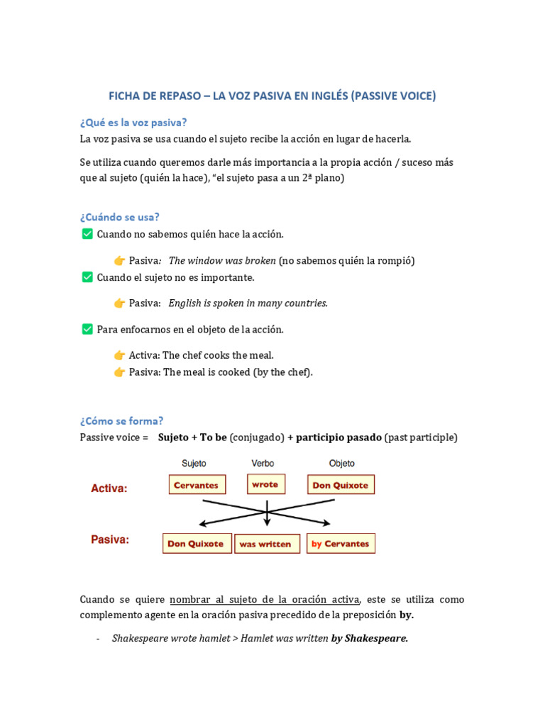 Ficha de Repaso La Voz Pasiva en Inglés (Passive Voice) | PDF