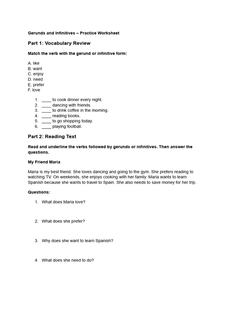 Gerunds and Infinitives – Practice Worksheet (2) | PDF