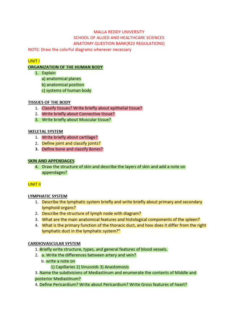 R23 Anatomy Question Bank | PDF | Lymphatic System | Human Body
