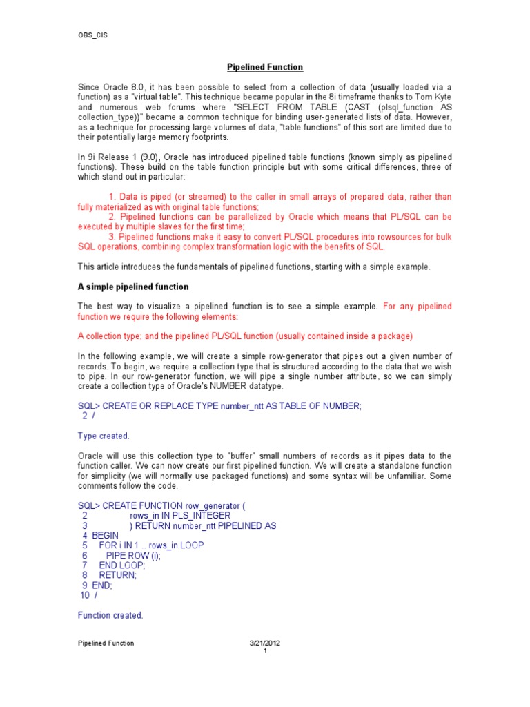 Pipelined Functions | PDF | Pl/Sql | Sql