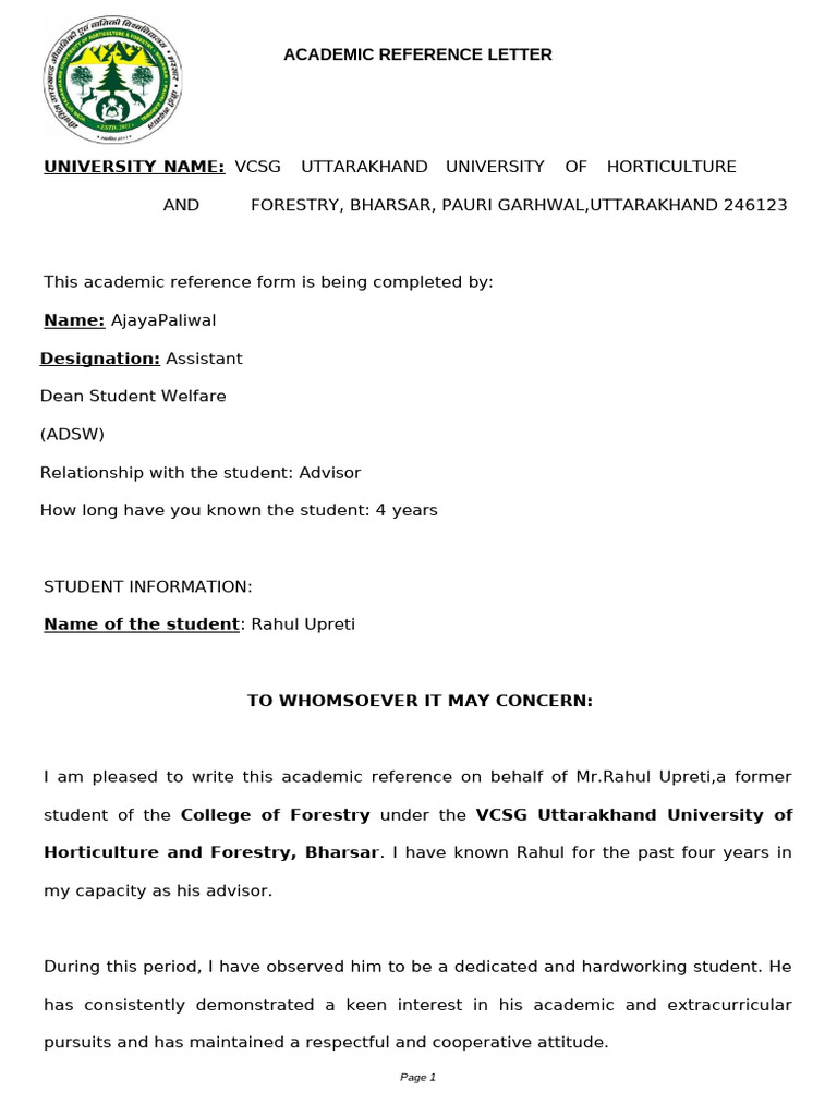 Academic Reference Letter Rahul Upreti | PDF