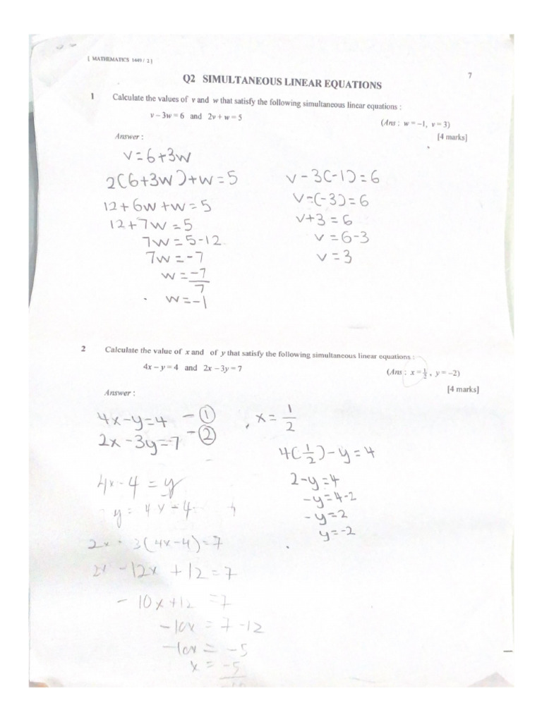 Q2 Simultaneous Linear Equations | PDF