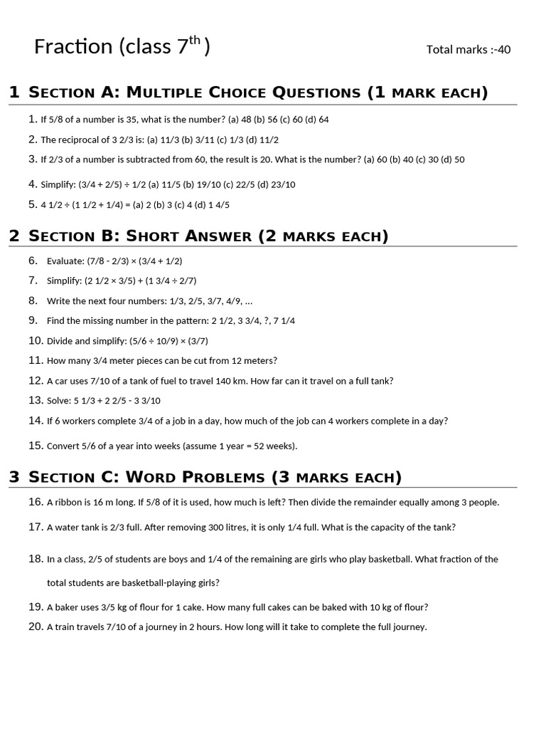 Advanced Fractions Test | PDF