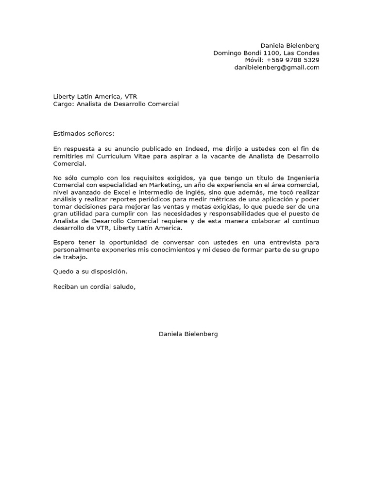 Carta de Presentación Daniela Bielenberg | PDF