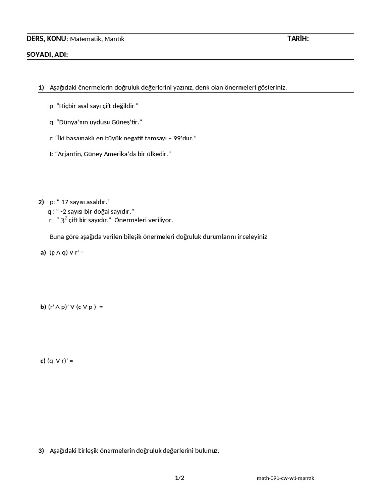 Math 091 CW w1 Mantık | PDF