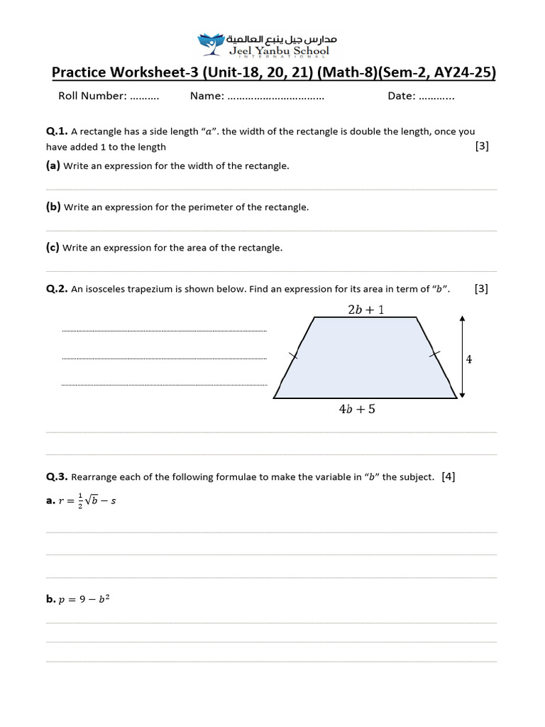 Sem-2 Practice Worksheet 3 (Unit-18,20,21) Math-8 Checkpoint | PDF | Area | Rectangle