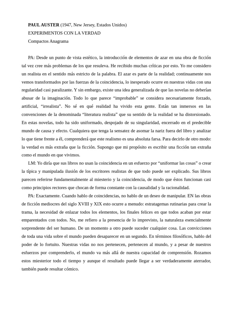 Paul Auster: Azar y Realidad en Ficción | PDF | Soledad | Verdad