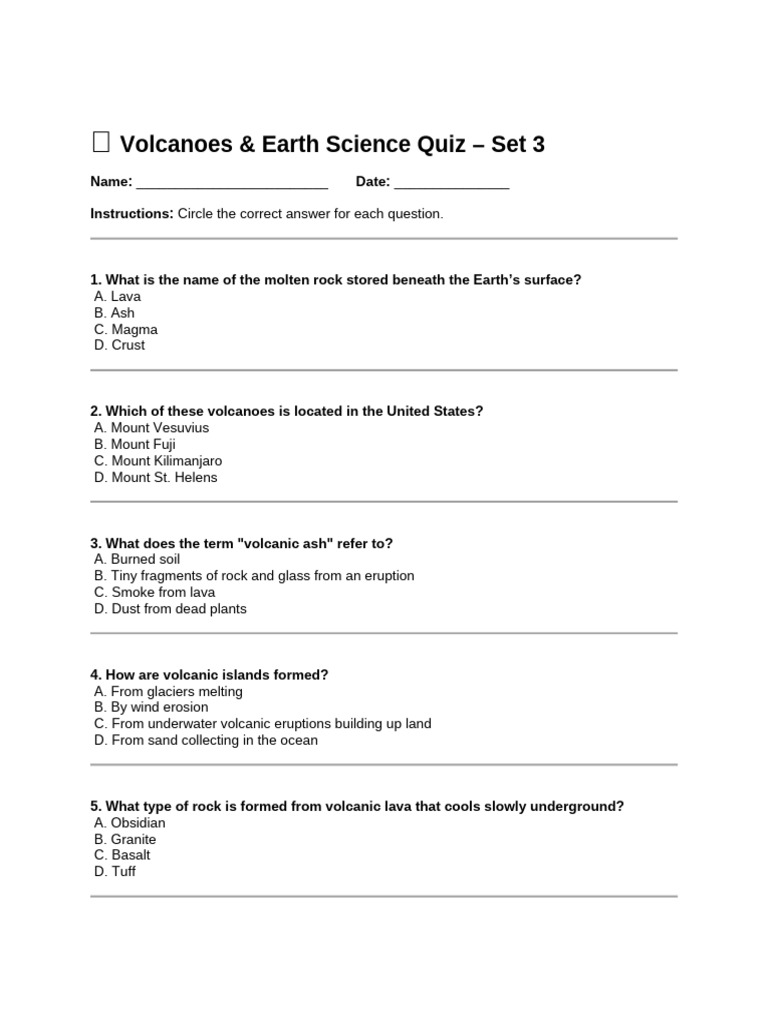 Volcanoes & Earth Science Quiz - Set 3 | PDF