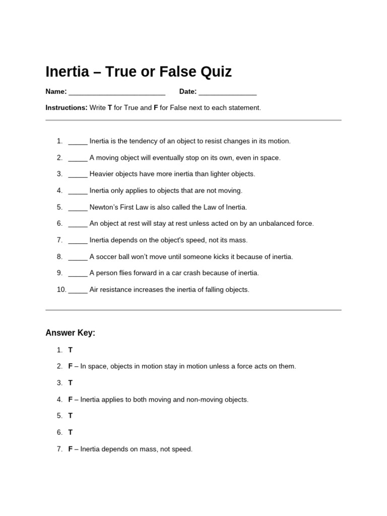 Inertia – True or False Quiz | PDF