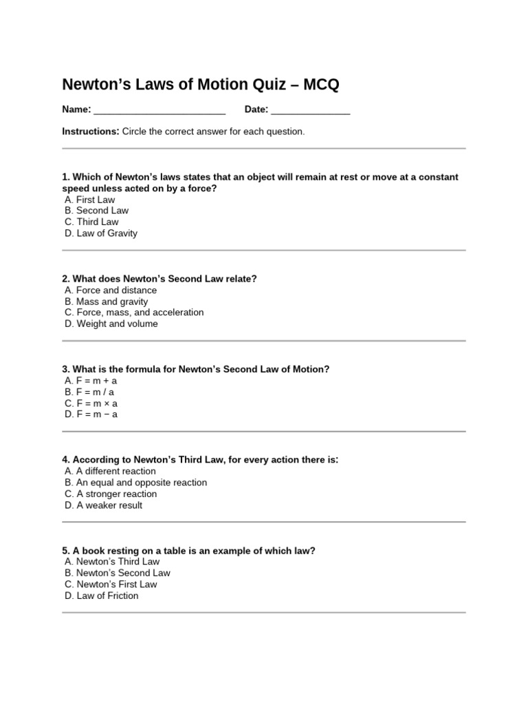 Newton's Laws of Motion Quiz - MCQ | PDF