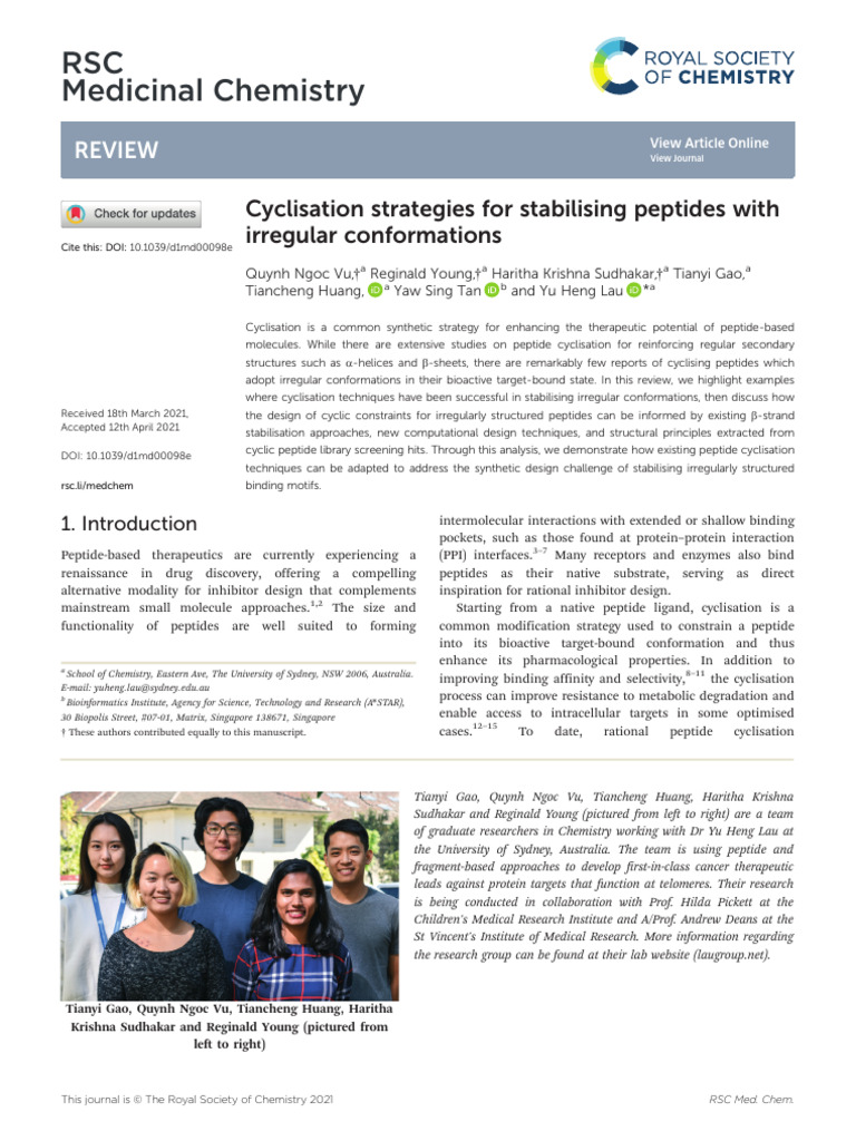 2021 Cyclisation Strategies For Stabilising Peptides With Irregular Conformations | PDF ...