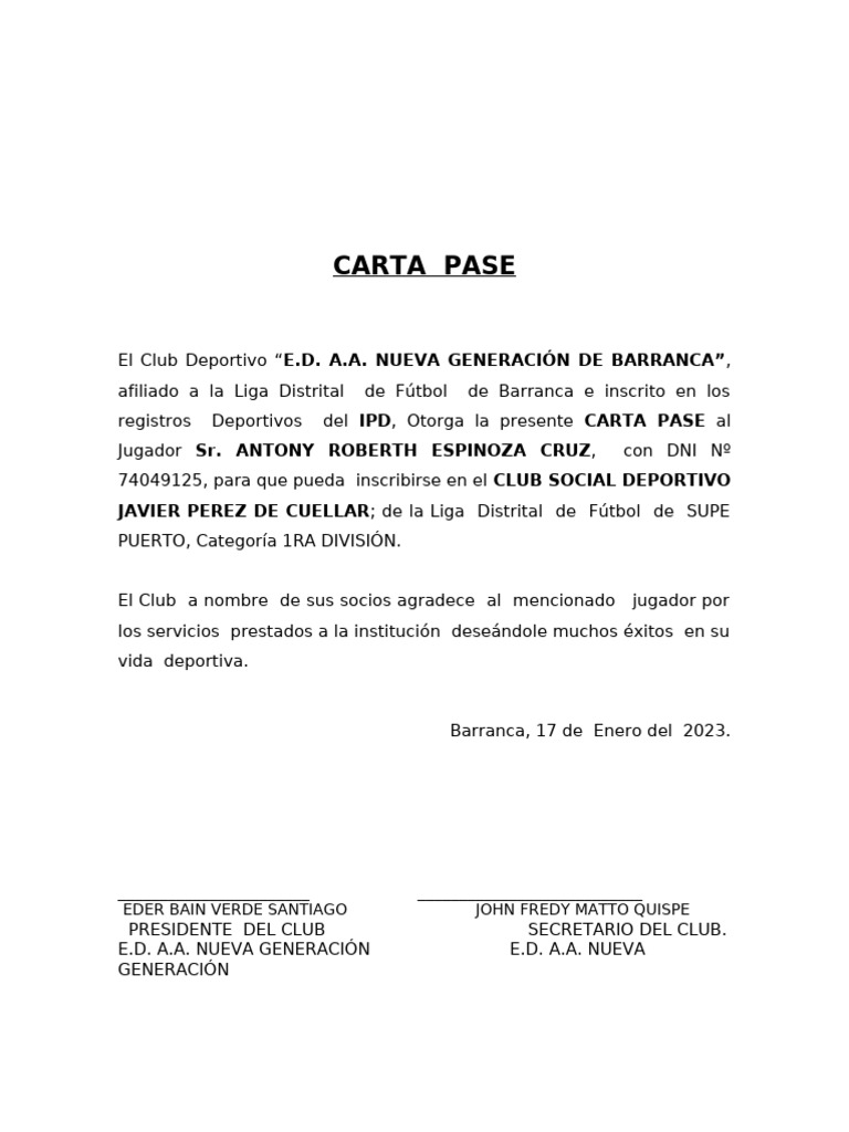 Carta Pase Nueva Generacion | PDF | Asociación de Futbol