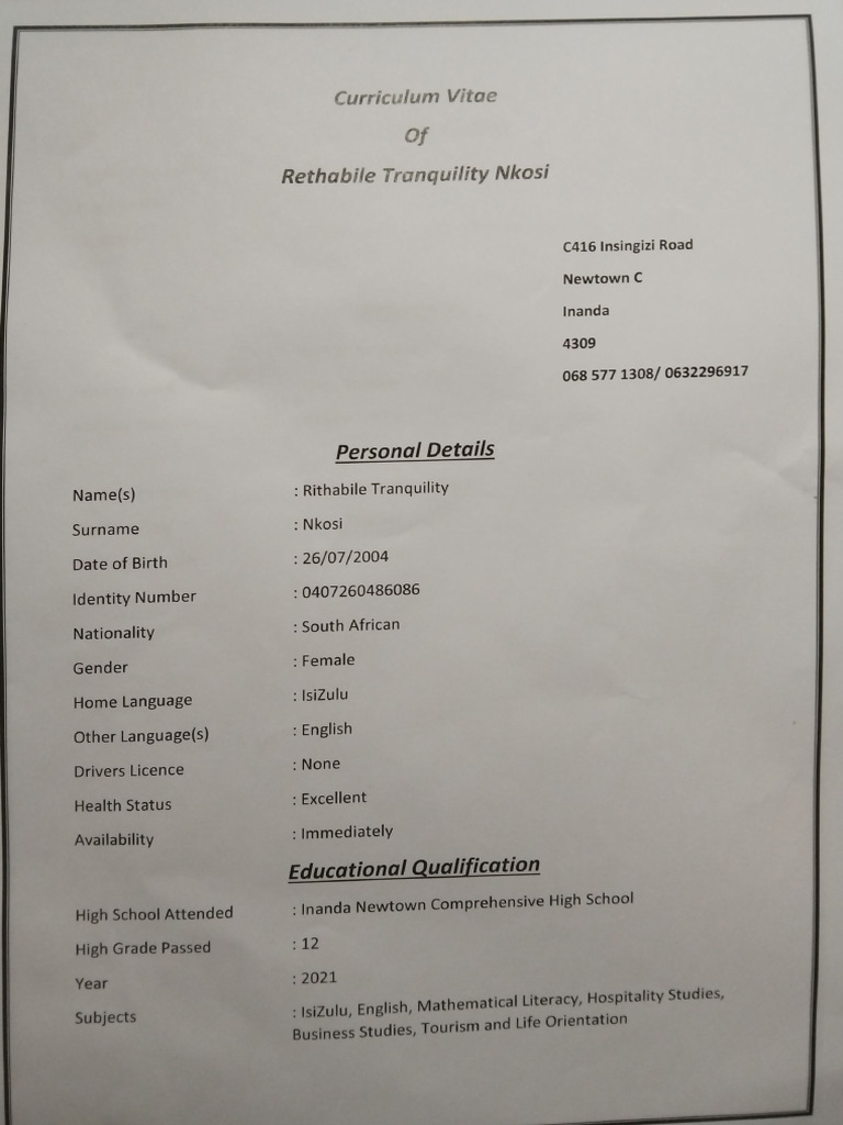 Rethabile's CV | PDF