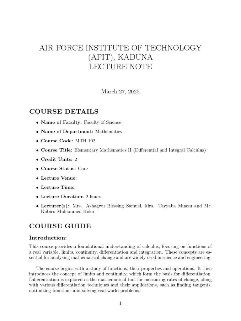 Elementary Mathematics II (MTH 102) Lecture Note | PDF | Integral | Function (Mathematics)