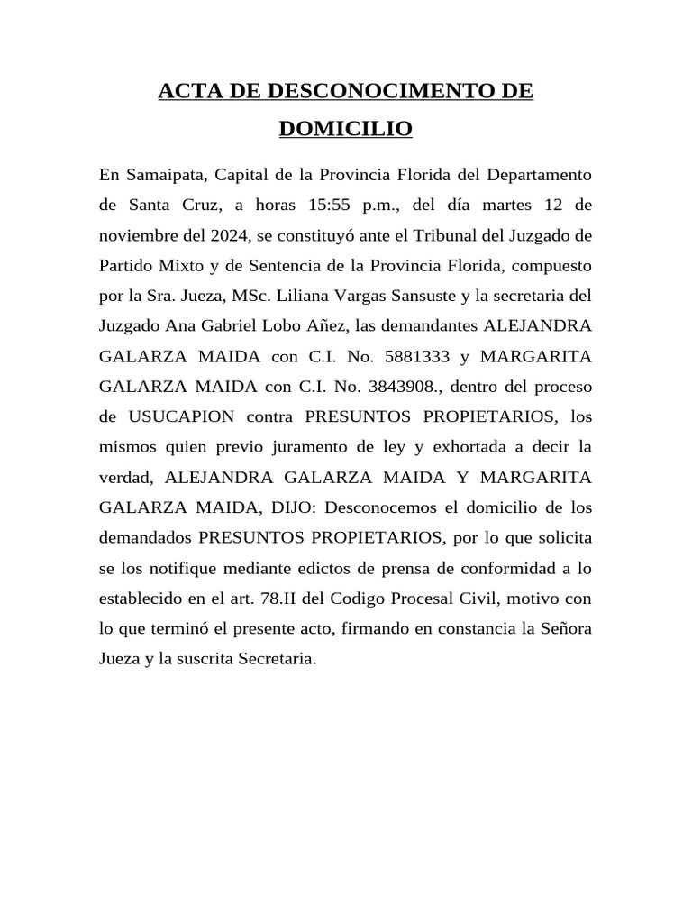 Acta de Desconocimiento de Domicilio | PDF