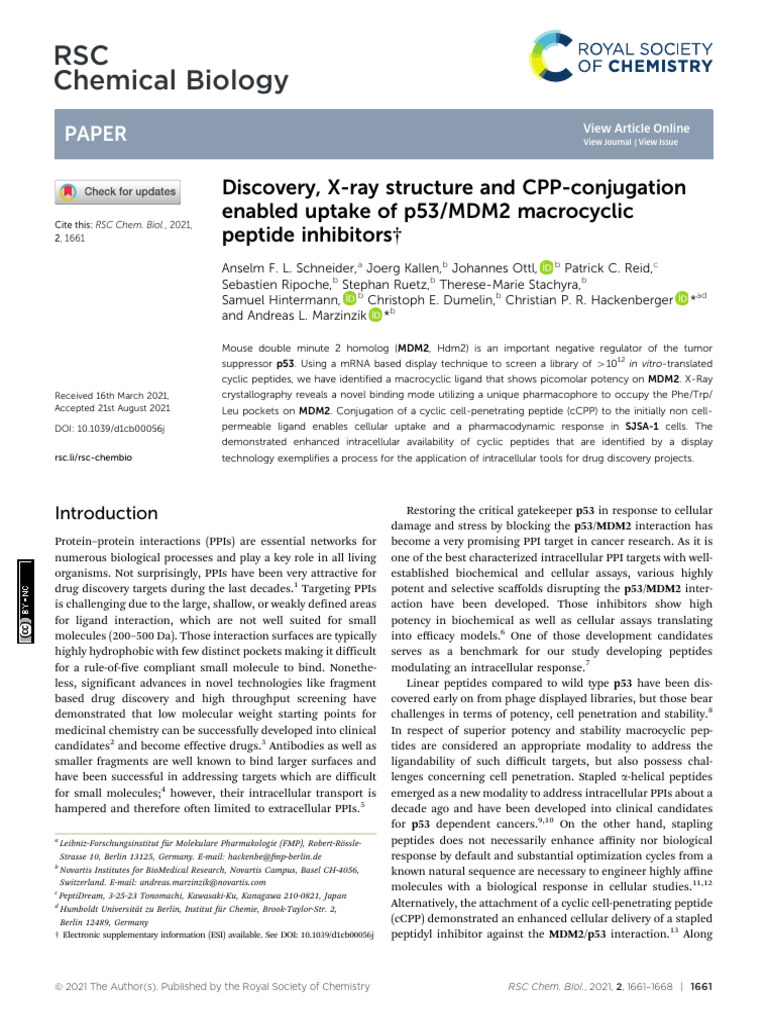 RSC_2021_Discovery, X-ray Structure and CPP-conjugation Enabled Uptake | PDF | Amino Acid | Proteins