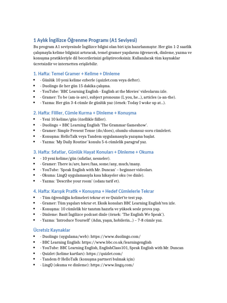 A1 Seviyesi 1 Aylik Ingilizce Program | PDF
