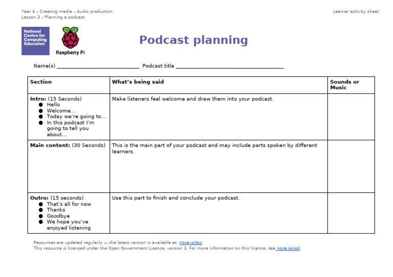 A3 Handout - Podcast Planning Template | PDF