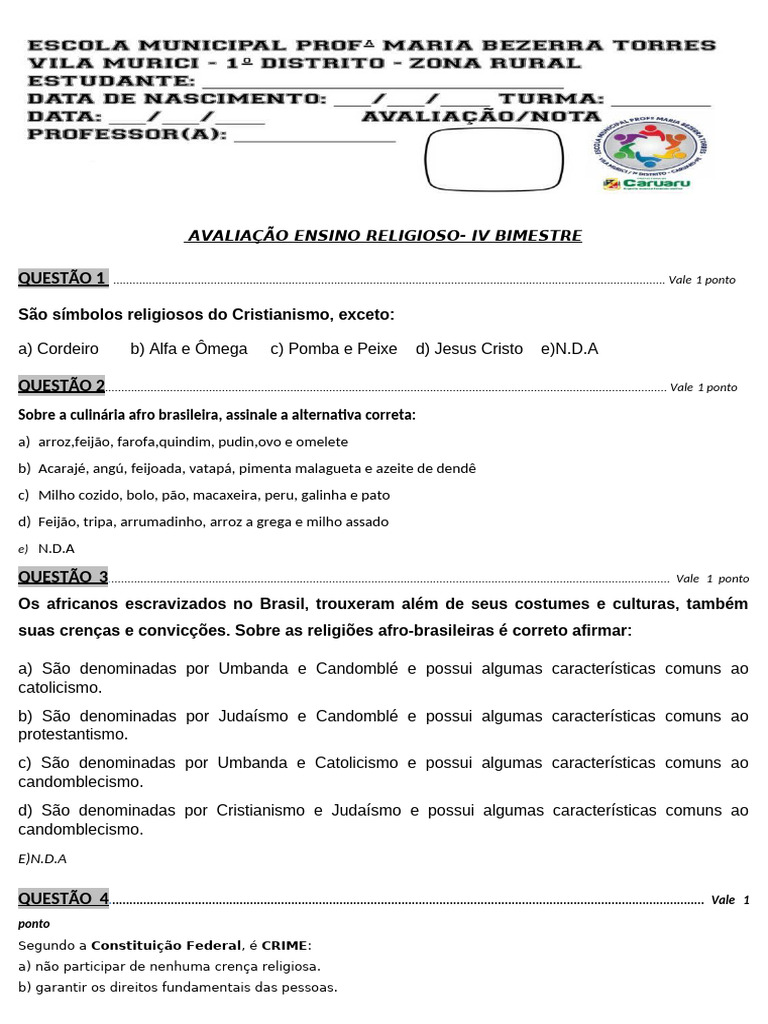Prova Do 7 Ano C Ensino Religioso Da IV Unidade - Docx Professor Emanuel - Docx Prova Revista ...