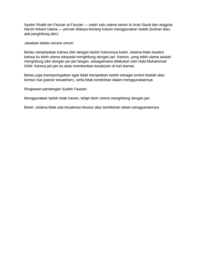 Syaikh Shalih Fauzan Tentang Penggunaan Tasbih | PDF