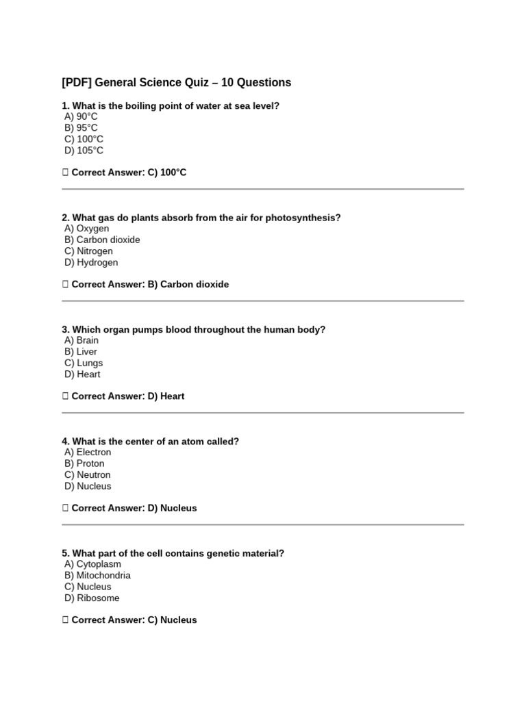 PDF - General Science Quiz - 10 Questions | PDF