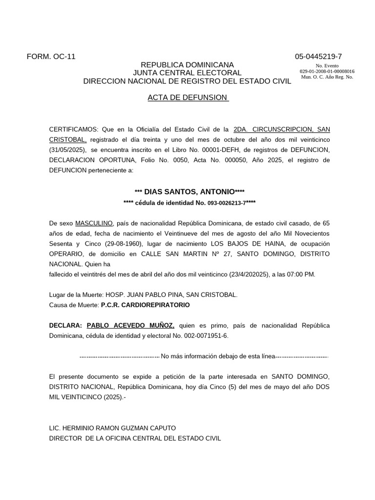 Acta Defuncion | PDF