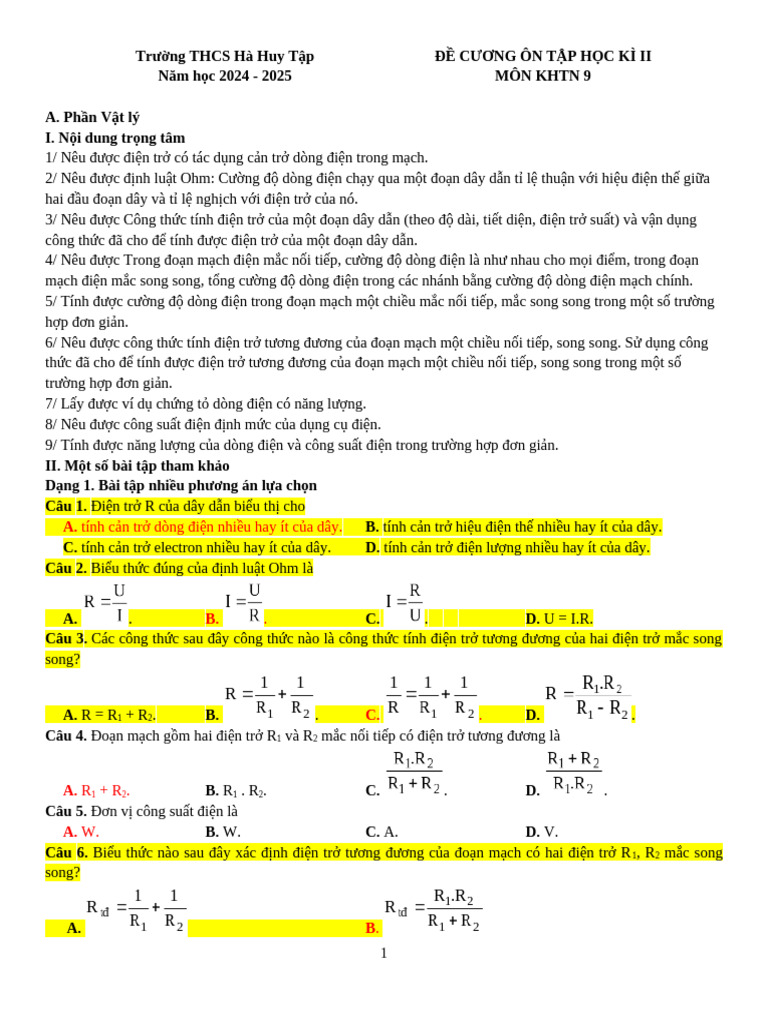 24 25.KHTN9. ĐC Ôn Tập KT HK2.Phần Lý | PDF