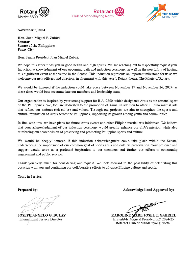 Rotary Induction Request Letter | PDF