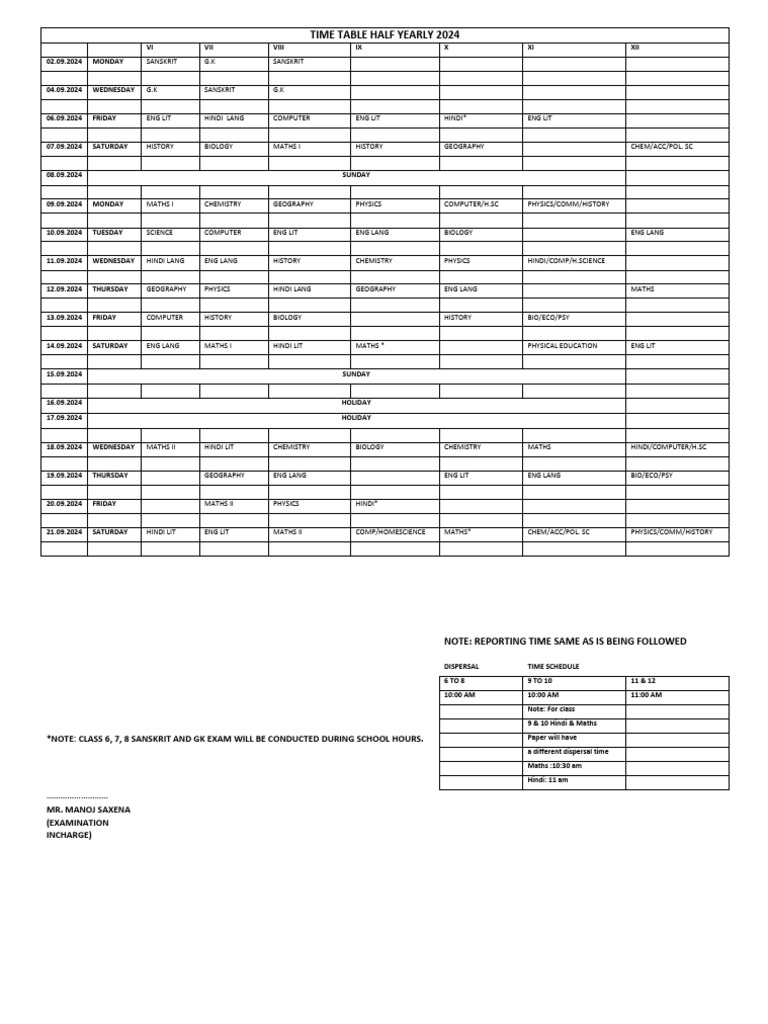 TIME TABLE HALF YEARLY 2024 | PDF