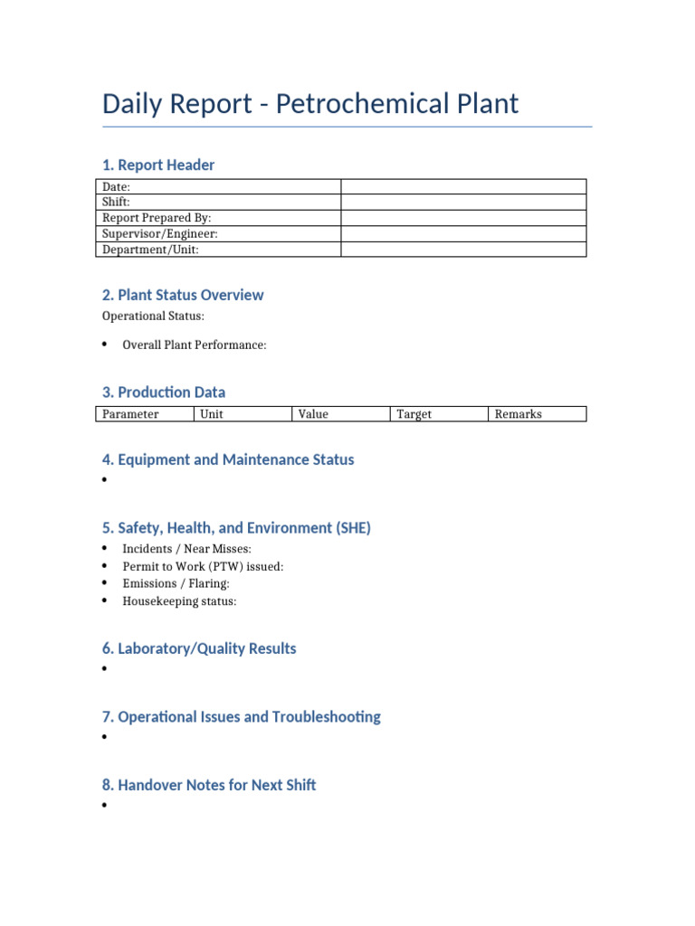 Daily Report Template Petrochemical Plant | PDF