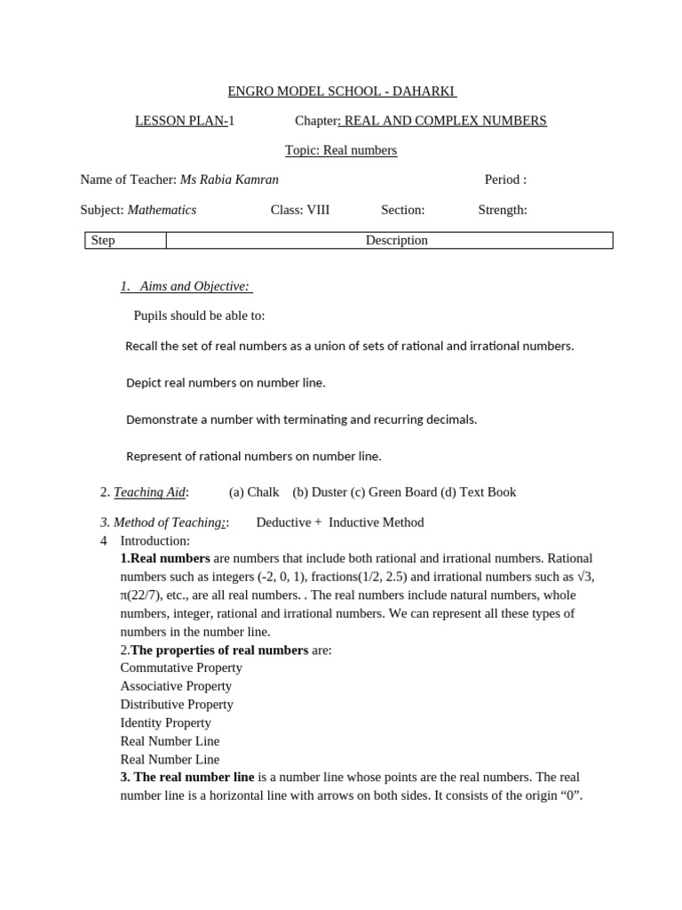 Unit Plan - Real and Complex Numbers VIII | PDF | Numbers | Decimal