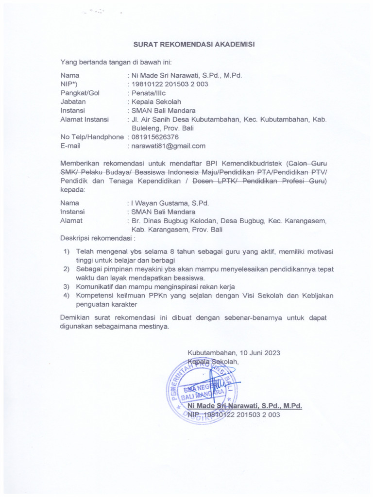 Surat Rekomendasi BPI | PDF
