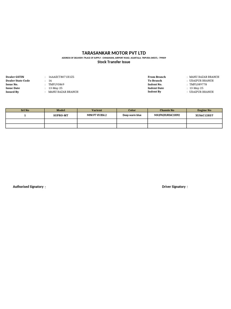 Stock Transfer Format | PDF | Motor Vehicle | Land Vehicles