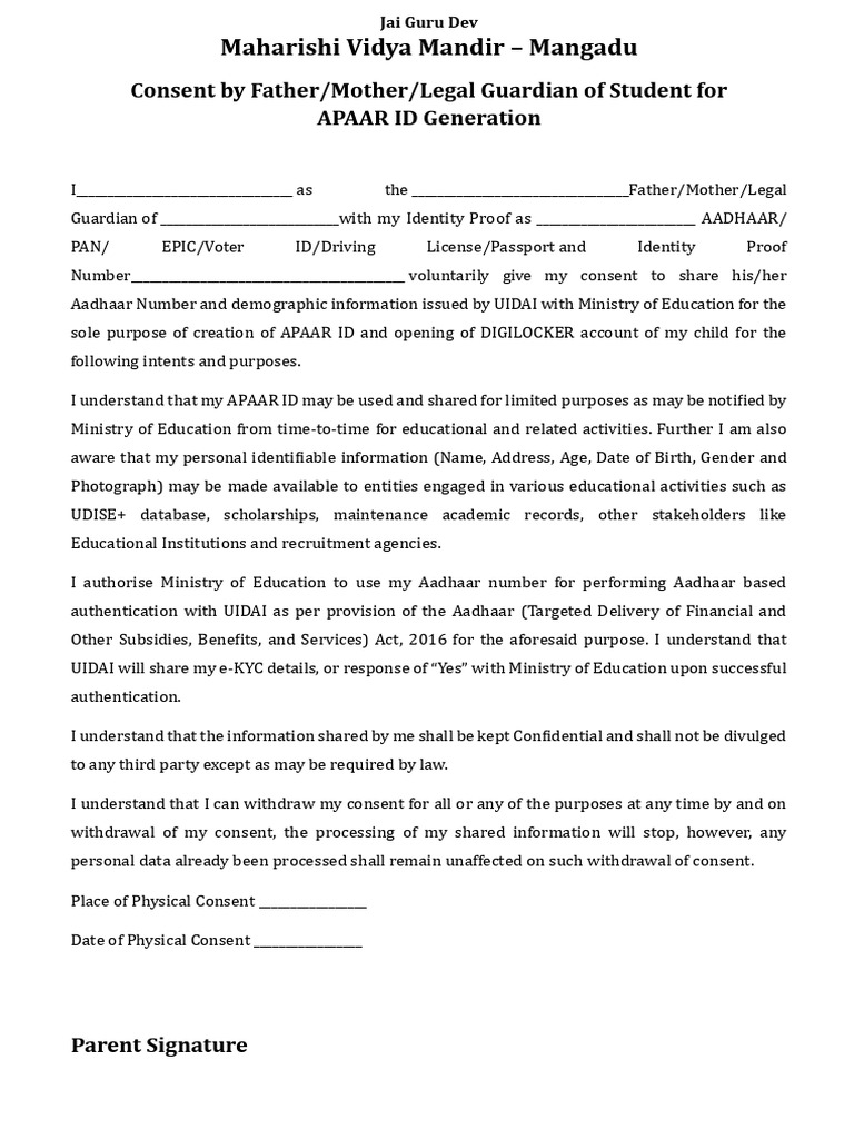 Apar Consent Circular to parents | PDF