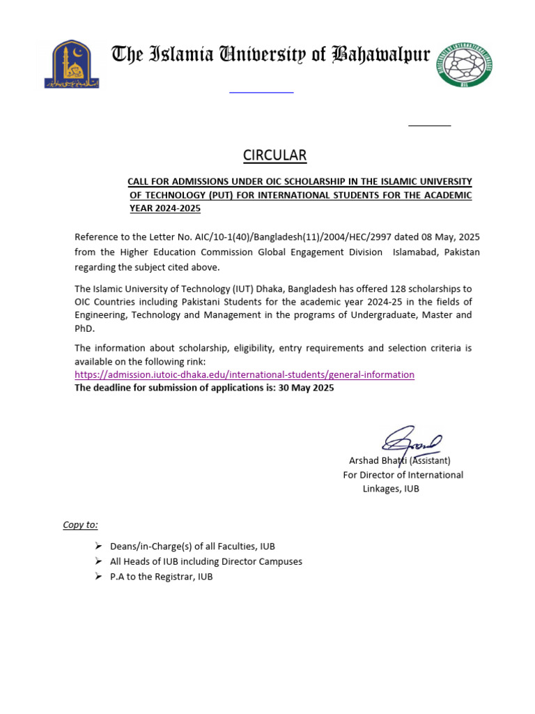 Call For Admissions Under Oic Scholarship in The Islamic University of ...
