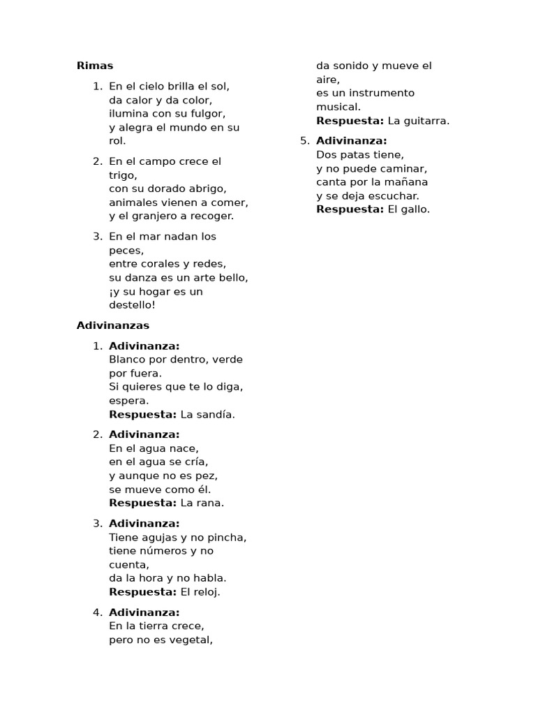 3 Rimas y 5 Adivinanzas Con Respuesta | PDF