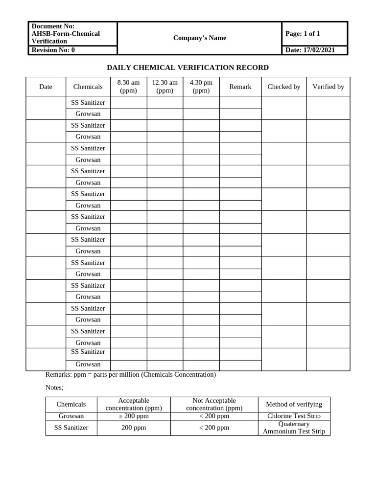 Daily Chemical Verification Record | PDF