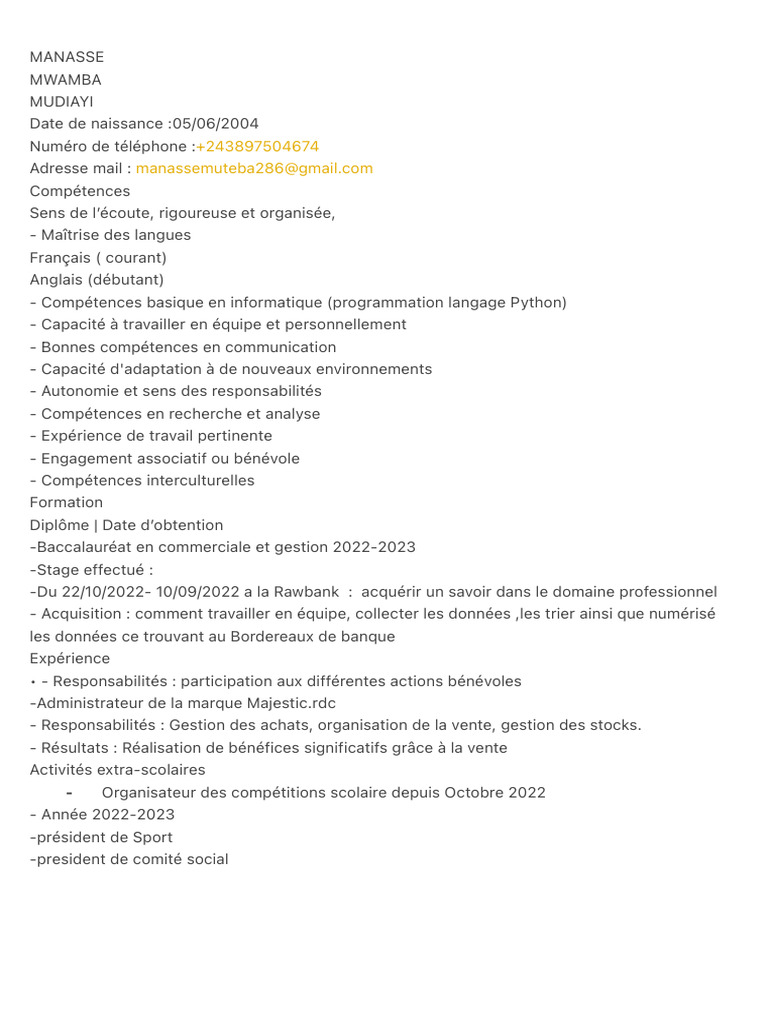 Profil de Manassé Mwamba | PDF