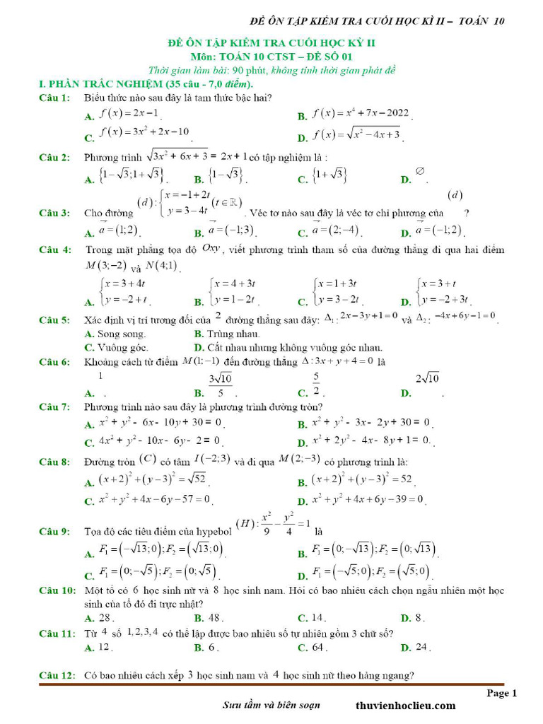 10 de On Thi HK2 Toan 10 CTST Hay Trang | PDF