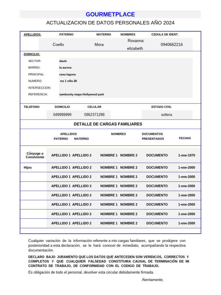 Actualizacion Datos Personales 2024 Gourmetplace | PDF